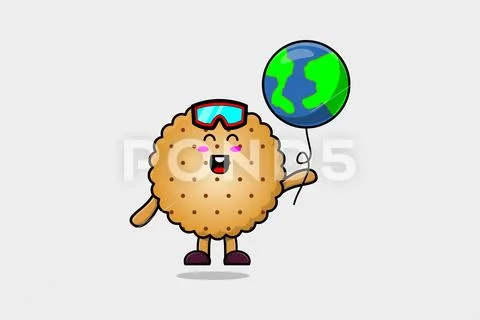 Cute cartoon Cookies floating with world balloon: Graphic #231555249