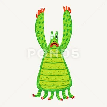 Cute cartoon vector monster. Green sad monster character with stippled ...