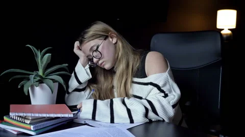 Cute college student stayed up late doin... | Stock Video | Pond5