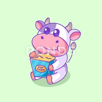 Cute cow eating popcorn cartoon: Royalty Free #237777714