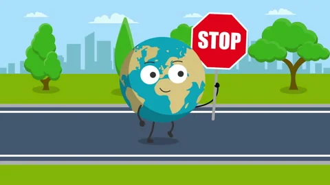 Cute earth Character with stop sign Anim... | Stock Video | Pond5