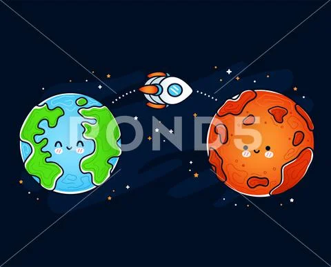 Cute funny happy Mars and Earth planet. Rocket, space ship flying ...