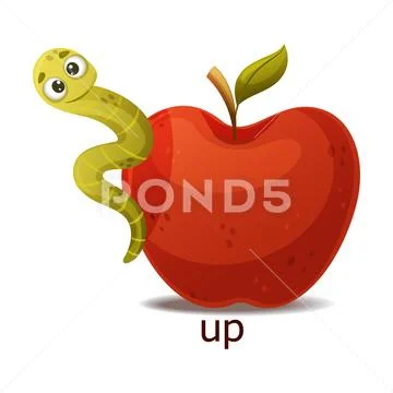 Cute Green Worm Creeping Up Red Apple as English Preposition Word ...