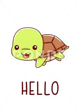 Cute kawaii hand drawn turtle doodles, lettering hello, isolated on ...