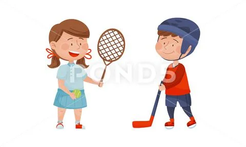 Cute kids playing various sports set. Boy and girl playing badminton ...