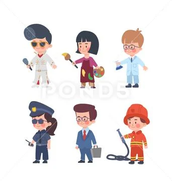 Cute kids in various professions, cartoon flat vector illustration ...