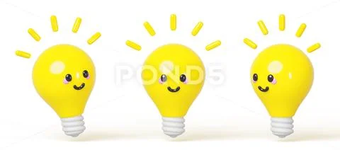 Cute light bulb kawaii character with happy face 3d render icons ...