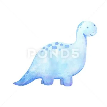 Cute little blue baby dinosaur barosaurus. Watercolor drawing ...