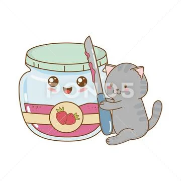 Cute little cat with strawberry jam kawaii character ~ Clip Art #105032787