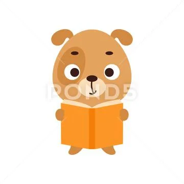 Cute little dog reading book on white background. Cartoon animal ...