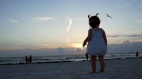 Cute little girl watches a bird fly at t... | Stock Video | Pond5