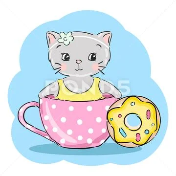Cute little kitty girl with pink bow inside the cup: Royalty Free ...