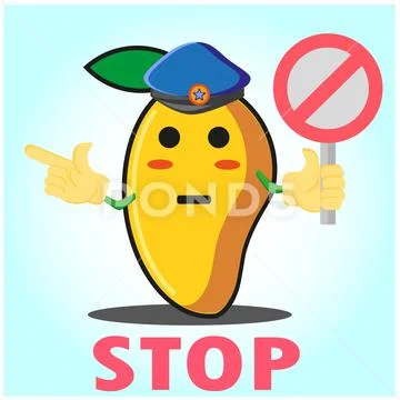 Cute Mango police cartoon character with police hat, hands pointing and ...