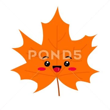 Cute maple leaf kawaii character with face smiling emoticon.: Graphic #231754057