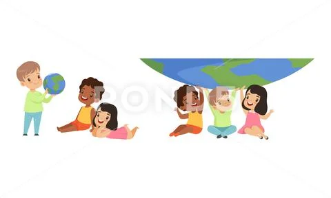 Cute Multicultural Kids Holding Earth Globe, Friendship, Unity, Earth ...