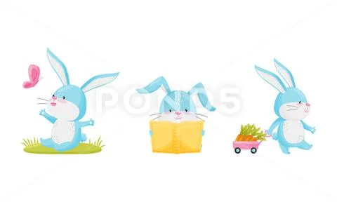 Cute Rabbit with Long Ears Pulling Trolley with Carrot and Reading Book ...