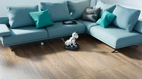 Cute robot dog riding on automatic vacuu... | Stock Video | Pond5