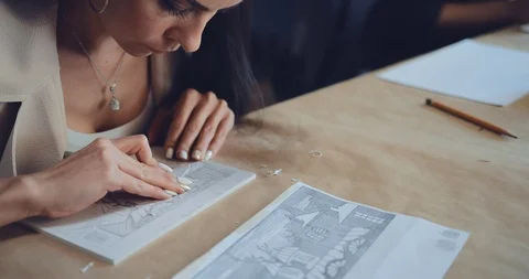 Cuttings of linocuts. Student girl cuts ... | Stock Video | Pond5