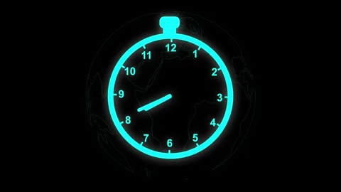 Cyan Neon Clock Face with World Map Over... | Stock Video | Pond5