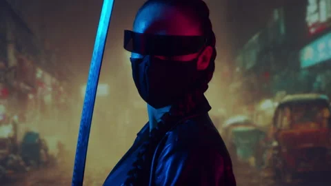 Cyberpunk ninja girl in a mask and with ... | Stock Video | Pond5