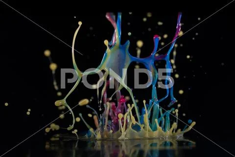 Dancing liquid on a black background. Ink water splash. Color explosion ...