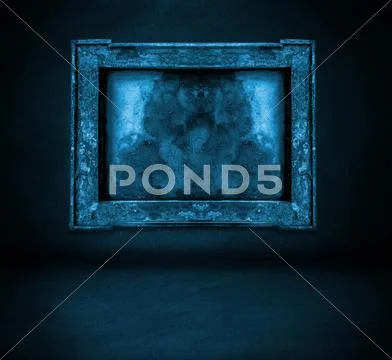 Dark blue wall with frame and floor interior background ~ Premium Photo ...