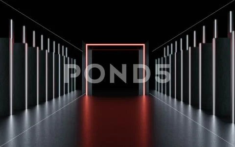 Dark futuristic environment with laser led lights and red gate 3d ...