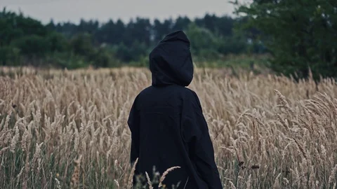 Dark ghost on a wheat field. Back view o... | Stock Video | Pond5