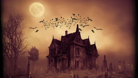 Dark halloween haunted house & flying ba... | Stock Video | Pond5