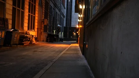Dark scary alley in downtown area at nig... | Stock Video | Pond5