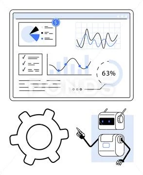 Dashboard with Analytics, Pie Charts, Robot, and Gear Symbol Representing D..: Royalty Free ...