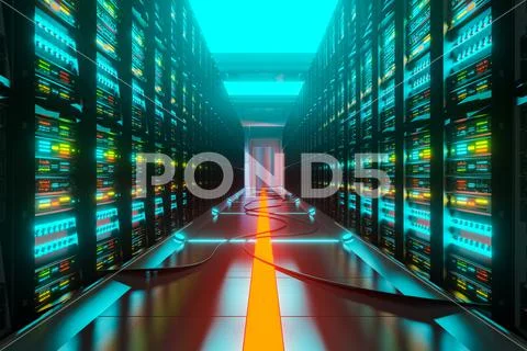 Data center with server racks in a corridor room ~ Clip Art #170366015