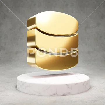 Database icon. Shiny golden Database symbol on white marble podium ...