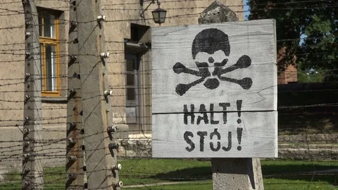 Death warning sign in Auschwitz concentr... | Stock Video | Pond5