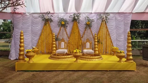 A decorated stage for Haldi ceremony, HA... | Stock Video | Pond5