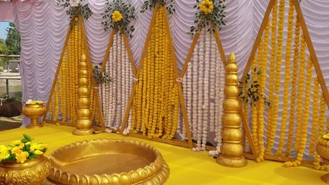 A decorated stage for Haldi ceremony, HA... | Stock Video | Pond5