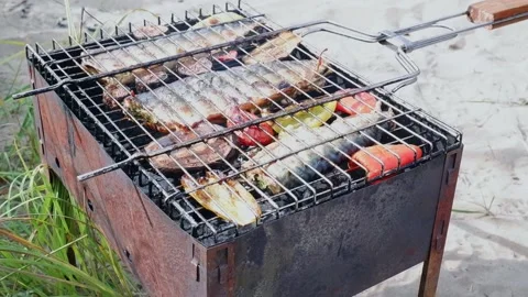 Delicious grilled mackerel fish inside g... | Stock Video | Pond5