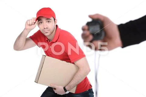 Delivery boy in a rush delivering a package isolated against white ...