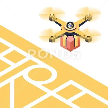 Delivery drone in cartoon style is flying over the map of a city ...
