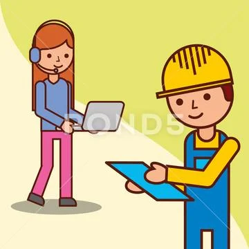 Delivery man checking and operator woman holding laptop Illustration ...
