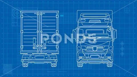 Delivery truck in outline style schematic blueprints Vehicle front back ...