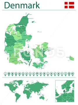 Denmark detailed map and flag. Denmark on world map. ~ Clip Art #150521387