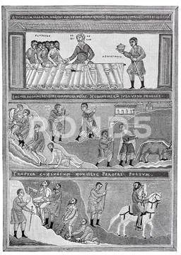 Depiction of the biblical parable of the banquet above the occupied ...