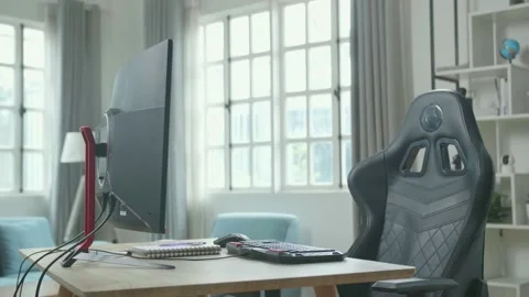Desktop Computer On A Table With A Chair... | Stock Video | Pond5