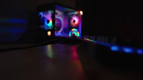 Desktop gaming PC in a dark room glowing... | Stock Video | Pond5