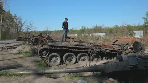 A destroyed and burnt tanks of the Russi... | Stock Video | Pond5