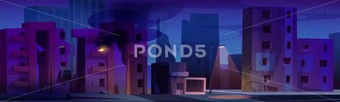 Destroyed city with broken houses at night ~ Clip Art #198129819