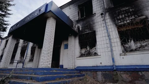 Destroyed police station during fighting... | Stock Video | Pond5