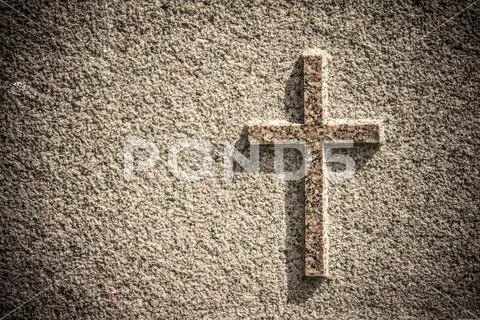 Detail of cross on tombstone in cemetery. ~ Hi Res #70347958