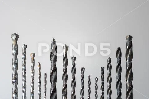 Detail of set of various drills in different sizes for wood, iron and ...